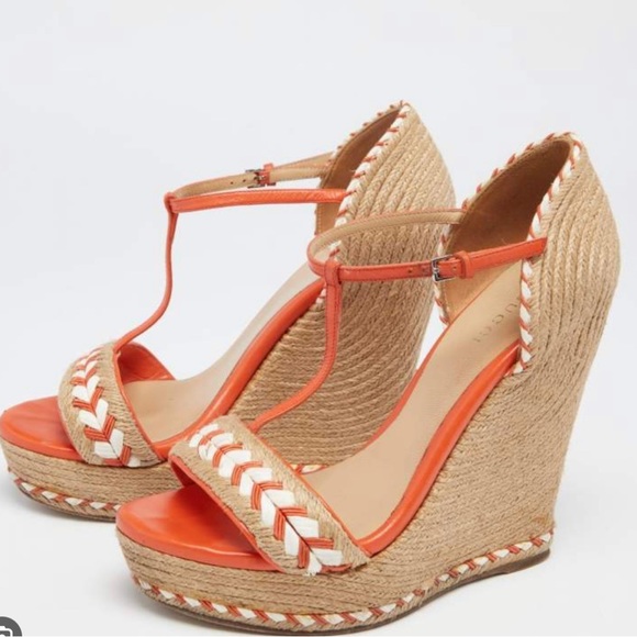 Gucci | Shoes | Gucci Orange Raffia Woven Tiffany Espadrille Wedge ...